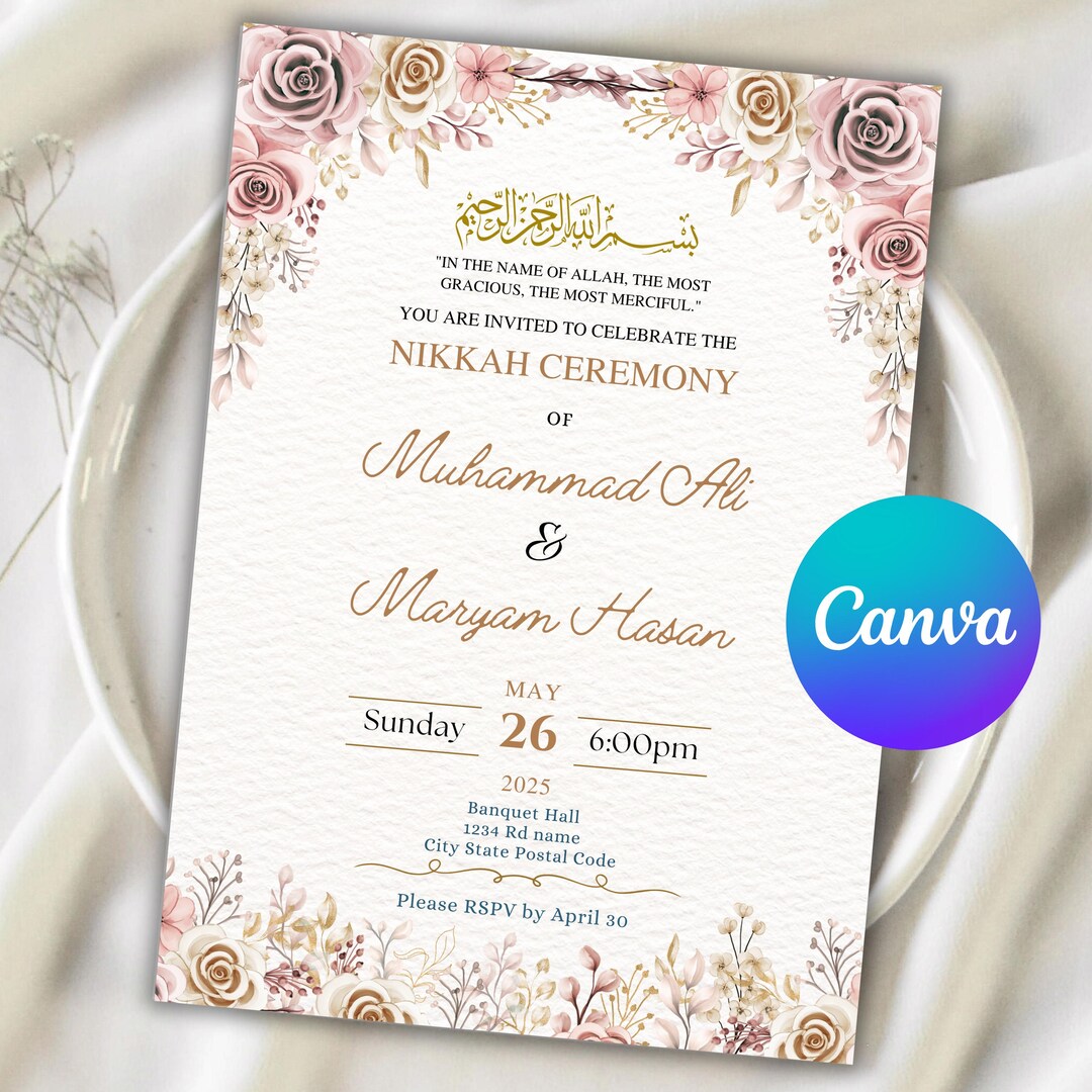 Editable Islamic Nikkah Invitation Card Template, Floral Muslim Wedding ...