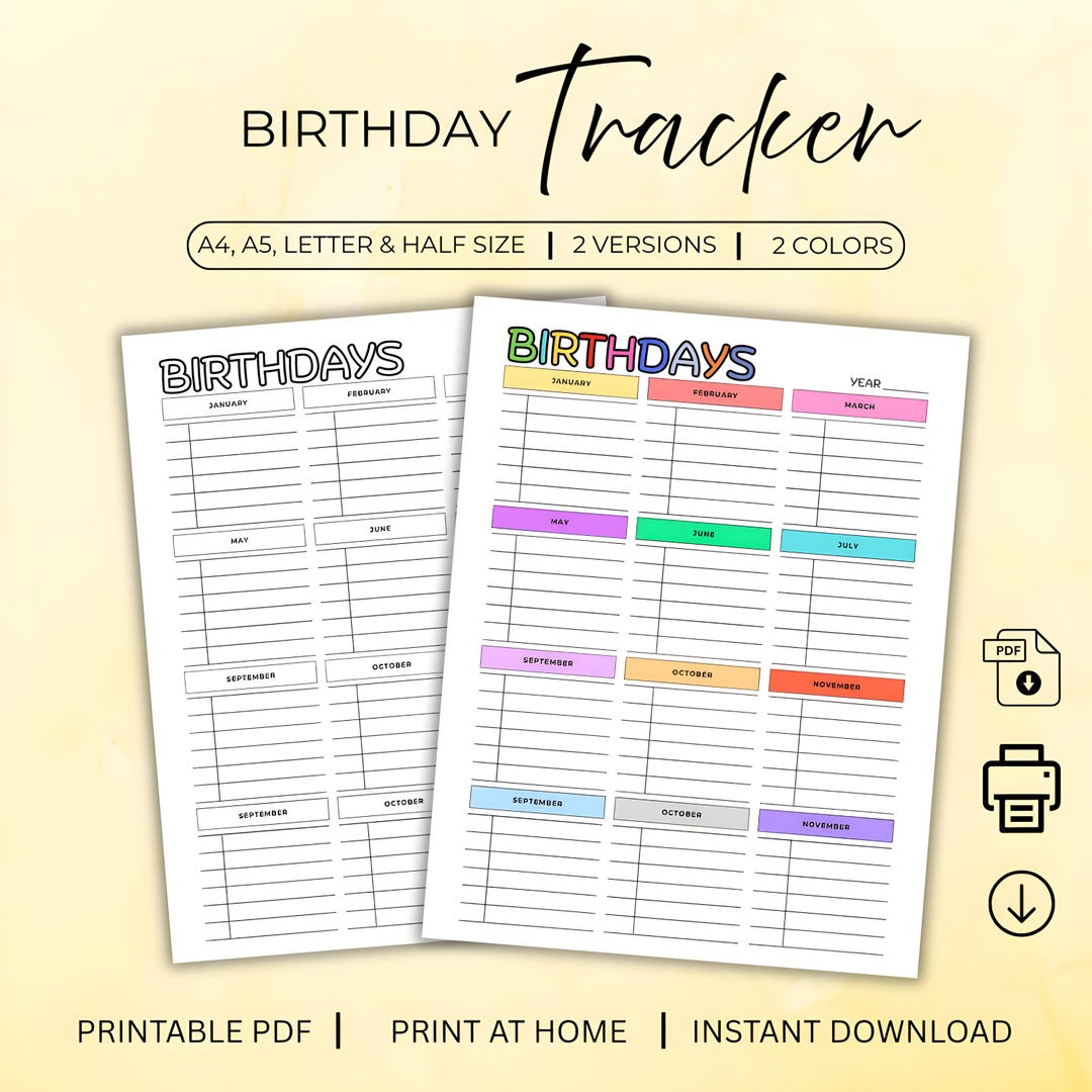 Birthday Tracker Printable Template/birthday Calendar/perpetual ...