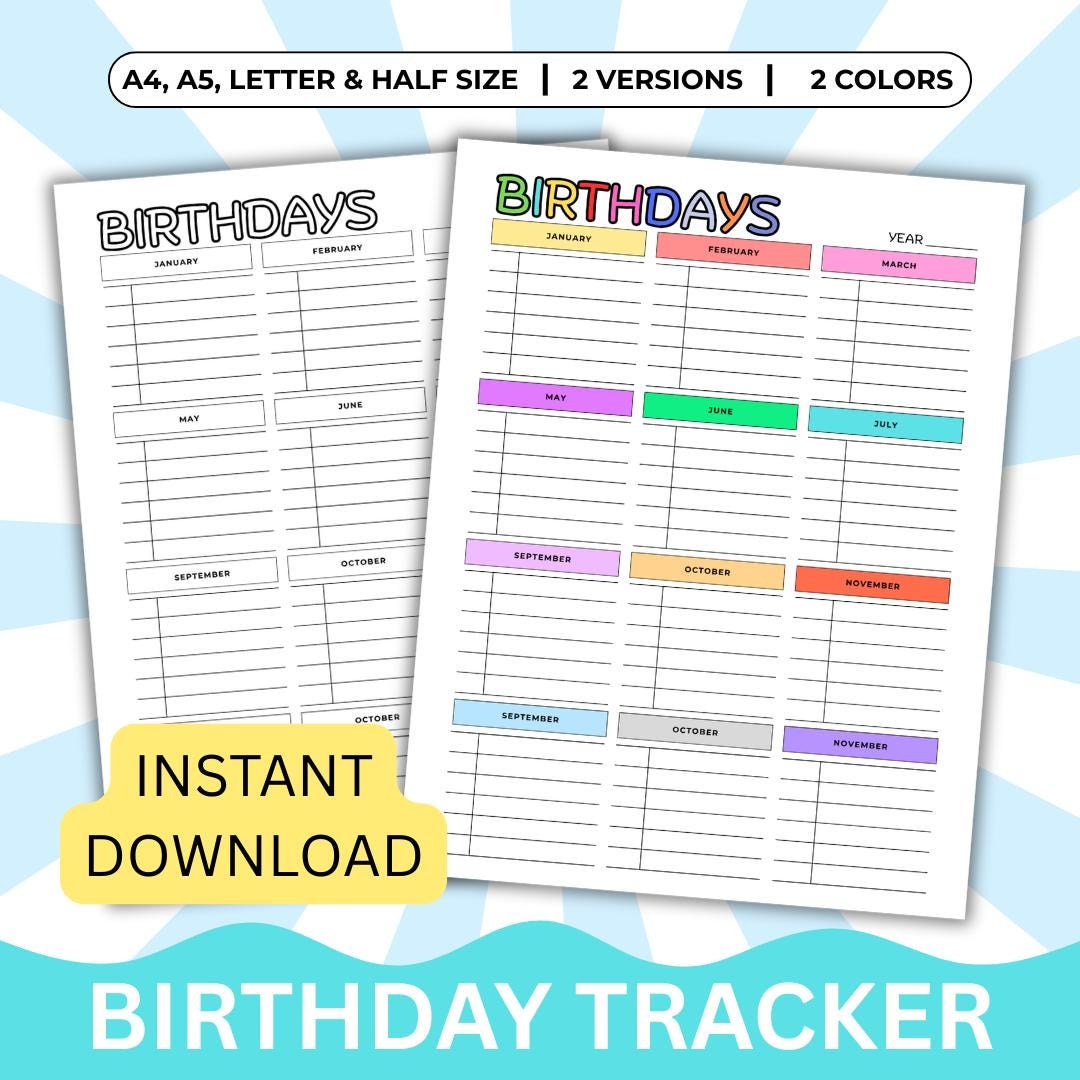 Birthday Tracker Printable, Birthday Chart, Birthday Calendar, Birthday ...