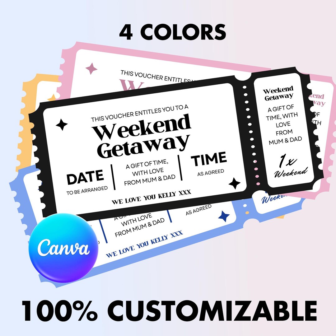 Weekend Getaway Coupon, Custom Printable Voucher, Editable Birthday ...