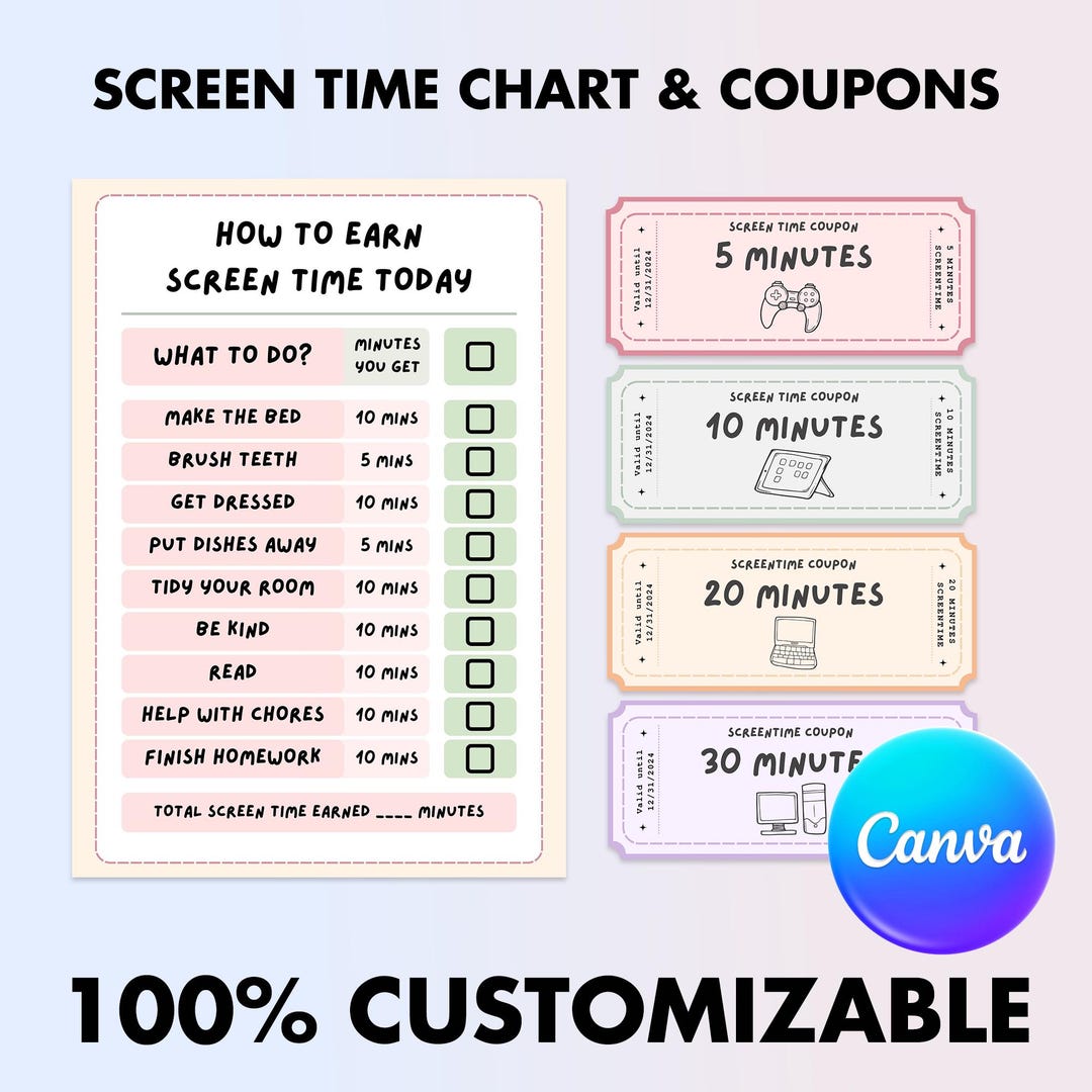 Screen Time Coupons for Kids, Printable Rewards, Chore System, Behavior ...