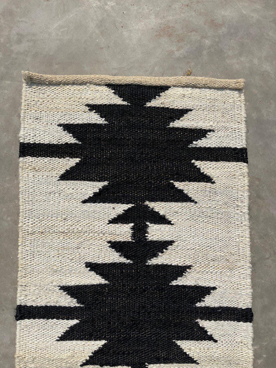 Boho Kilim Star Runner Rug, Black White Tribal Geometric Wool Jute ...