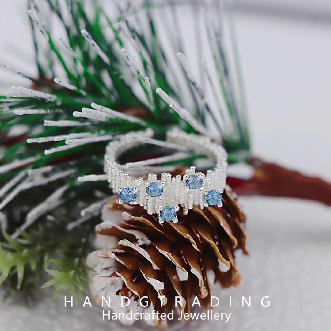 Irregular Wrinkle Texture Blue Zircon S925 Silver Open Ring - Etsy