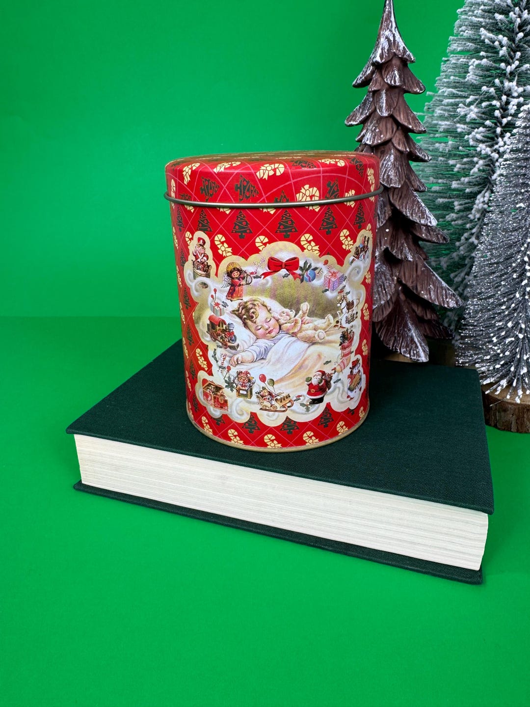 Vintage Christmas Tin Canister – Sleeping Child & Angels, Retro Holiday ...