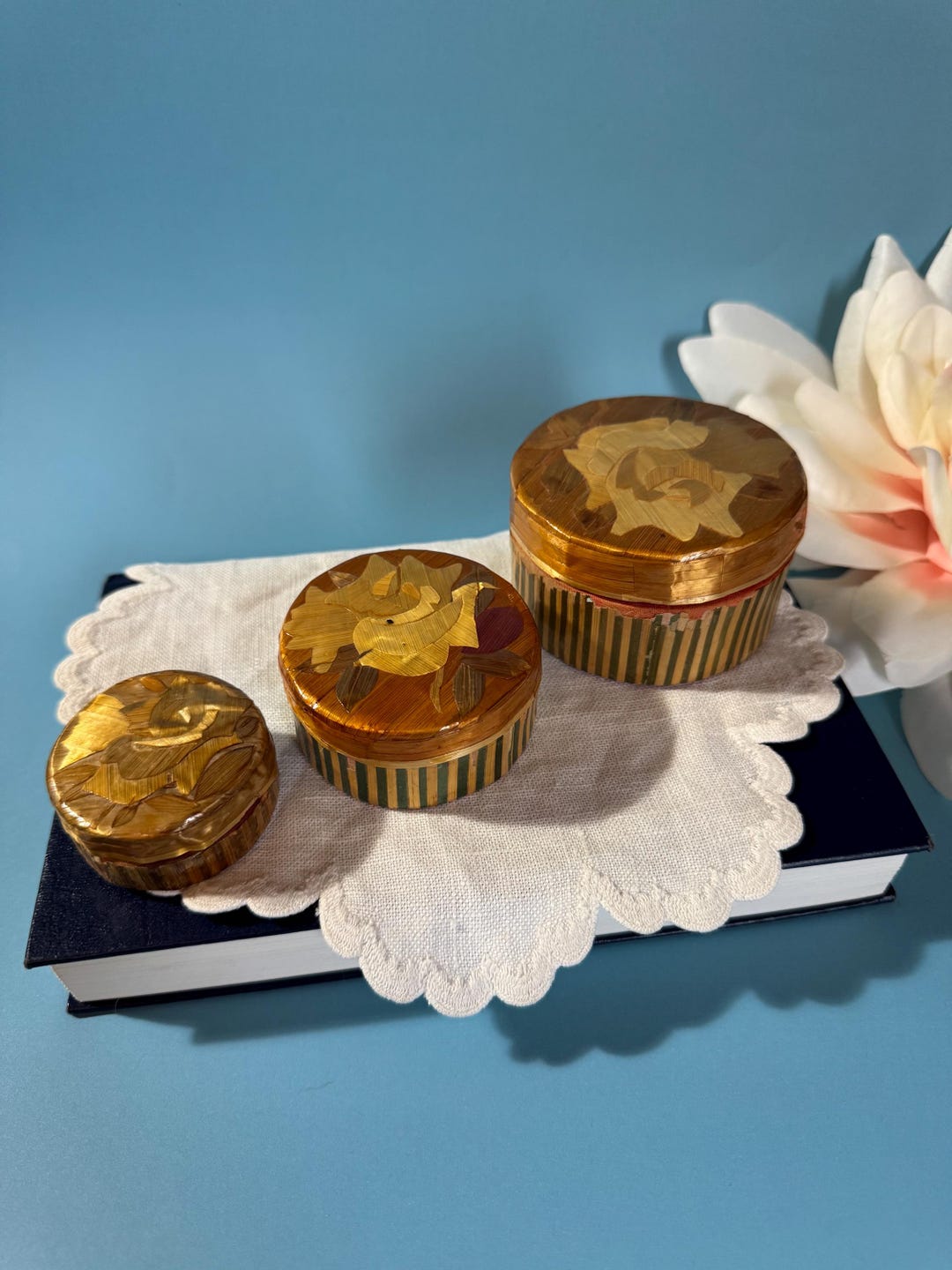 Vintage Chinese Nesting Boxes: Hand-carved Rose, Red Fabric Lining ...