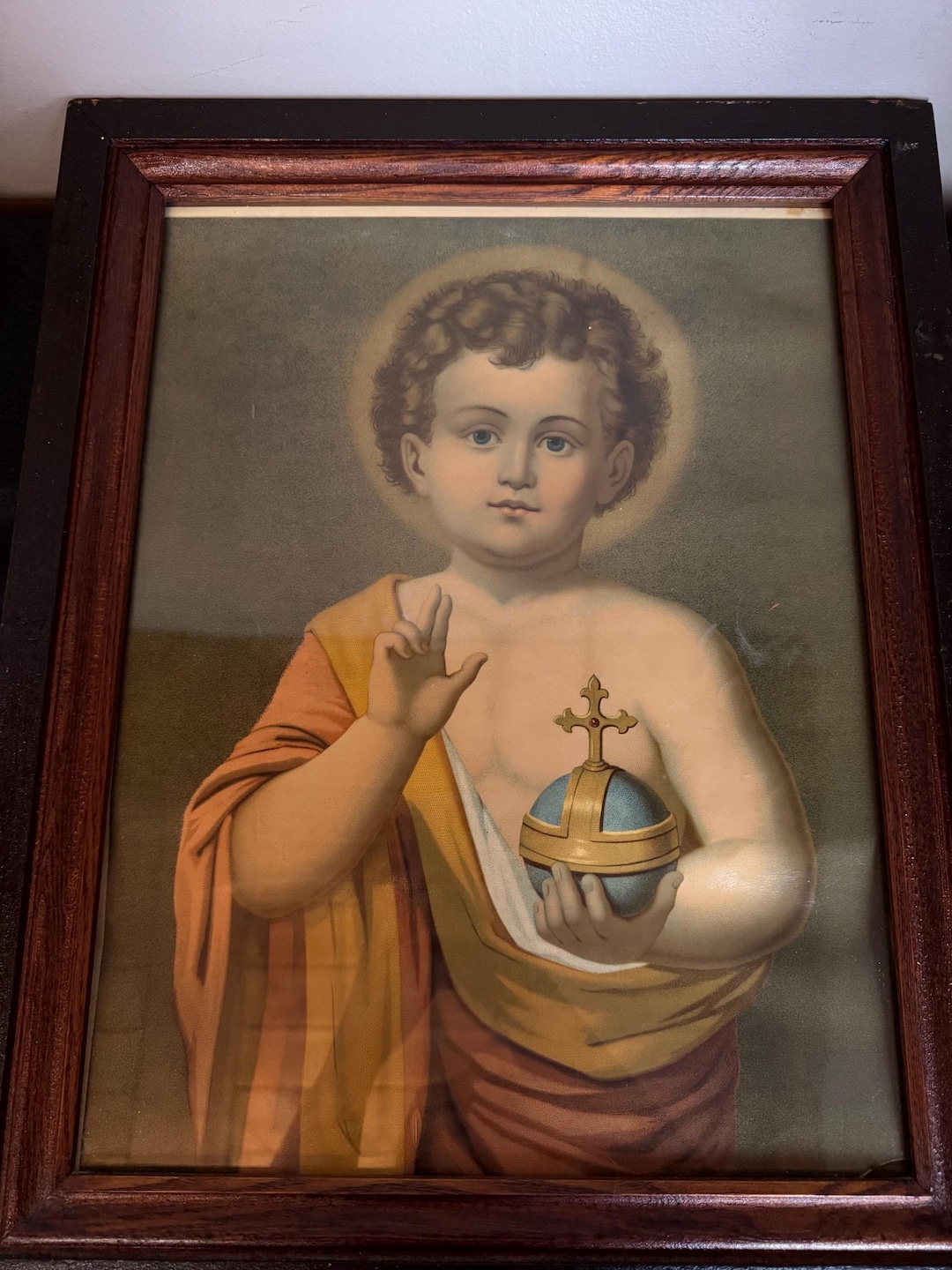 Antique Framed Infant Jesus With Orb and Cross Print / Chromolithograph ...
