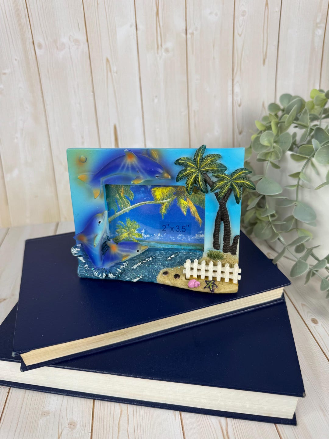Vintage 3D Dolphin Photo Frame – Tropical Beach & Palm Trees Relief ...