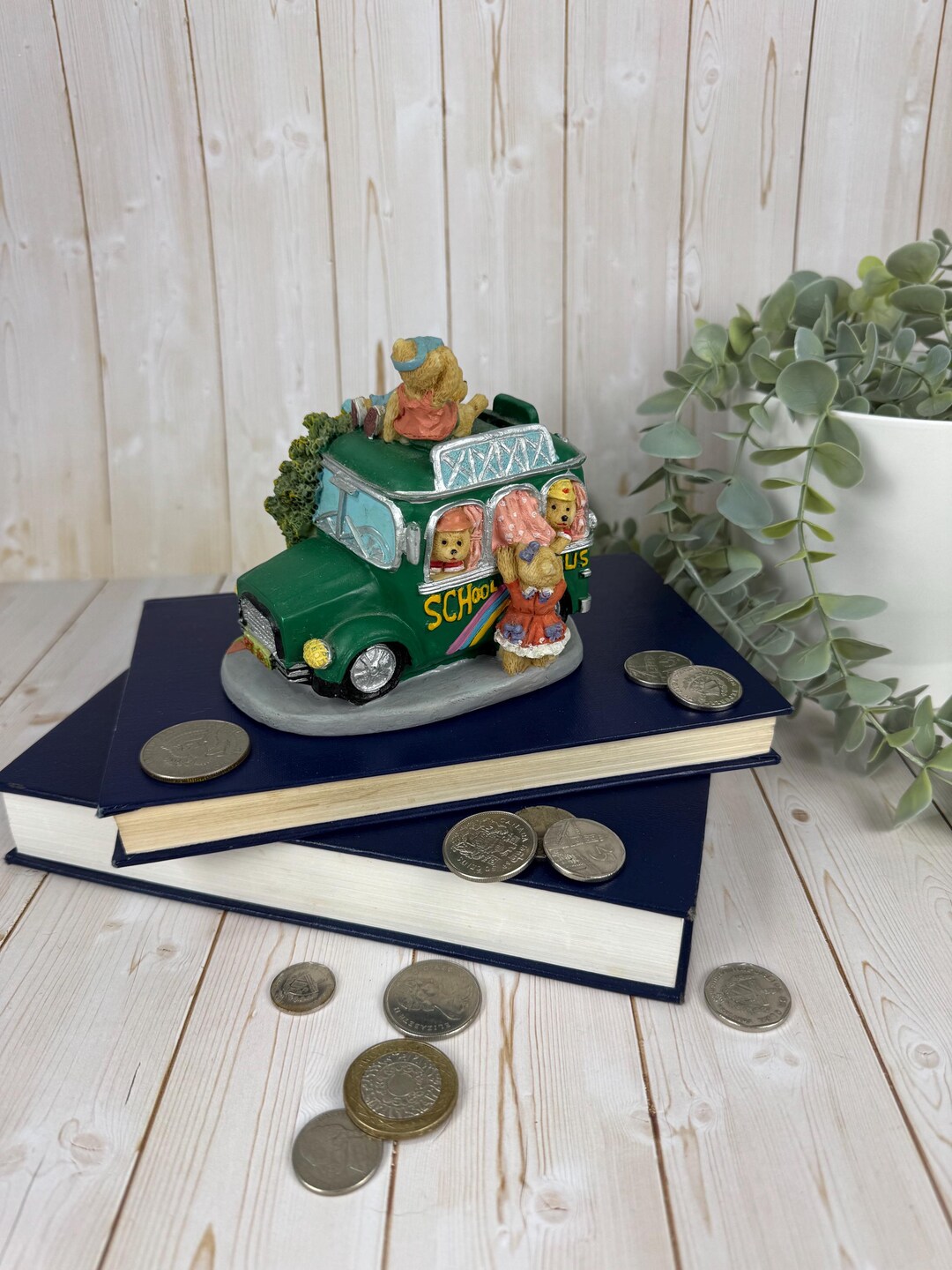 Vintage Teddy Bear School Bus Piggy Bank - Green Resin Figurine With ...