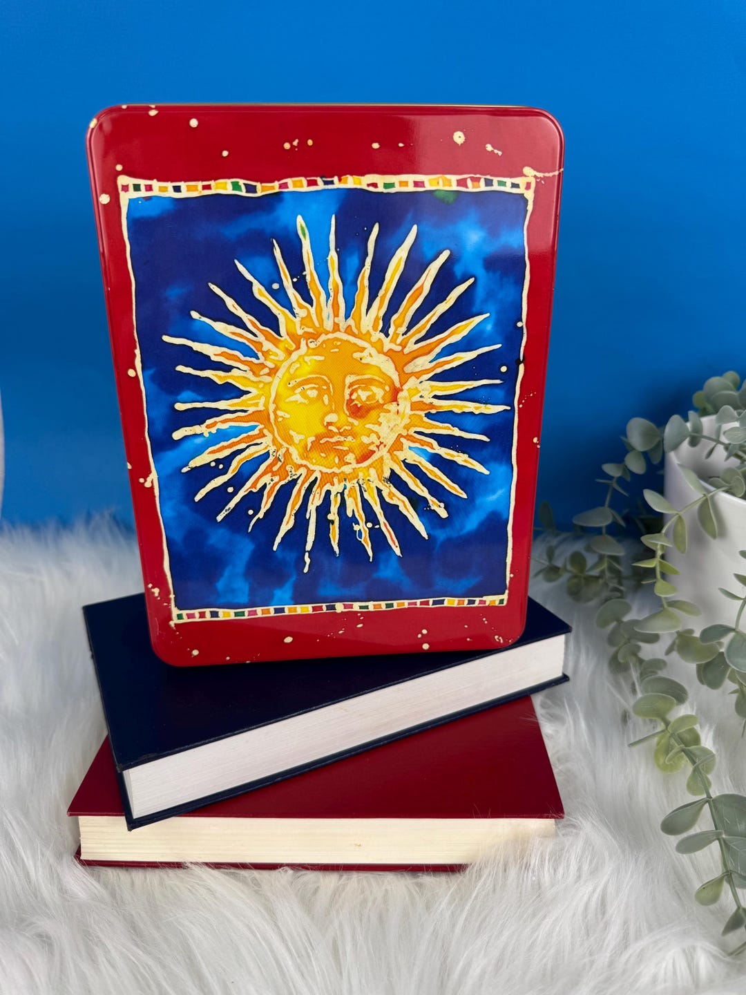 Vintage 1995 Celestial Tin Box – Red, Gold Sun & Stars Storage - Etsy
