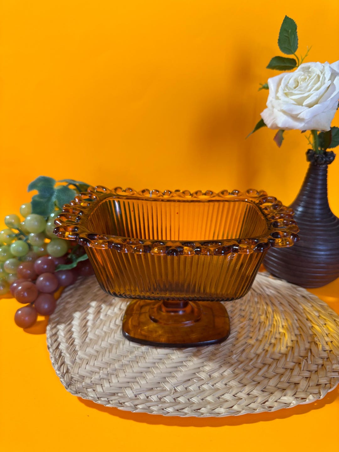 Vintage FTDA Amber Glass Compote: 1981 Lace Edge Candy Dish - Etsy