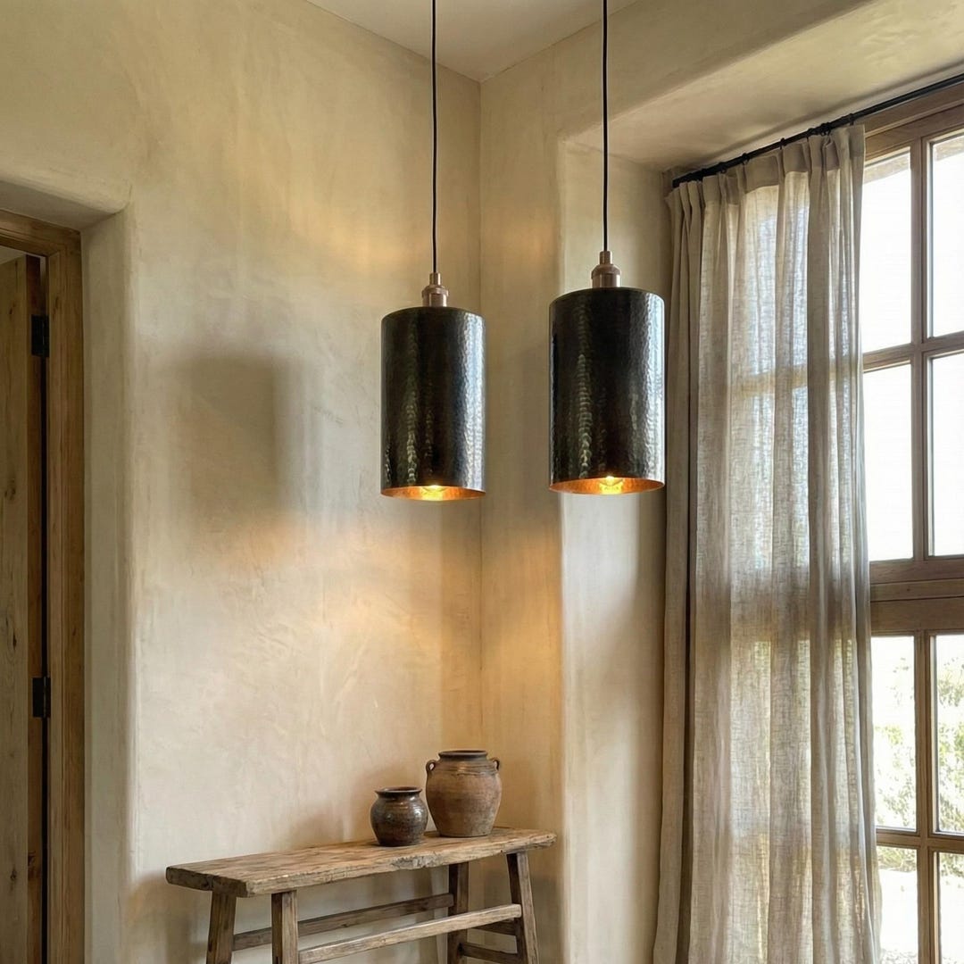 Handcrafted Brass Tube Light, Tall Hammered Pendant for Dining Room ...