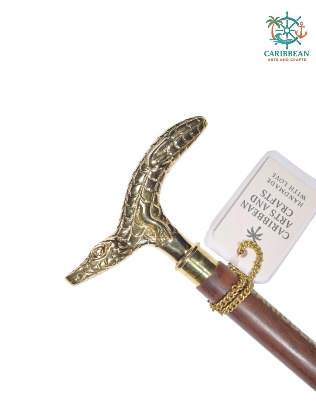 Engraved Crocodile Head Walking Cane: Handmade Brass Handle, Vintage ...