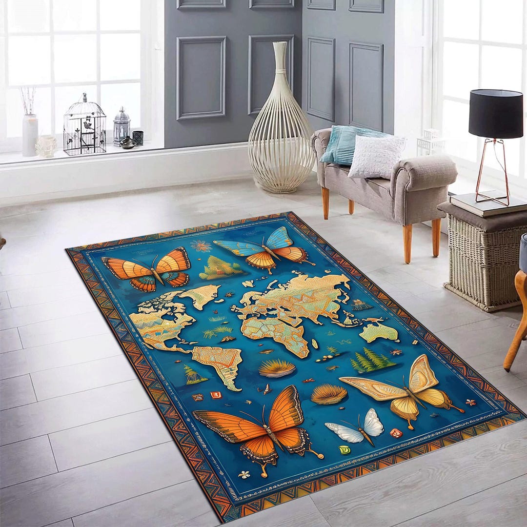 Butterfly World Map Rug for Kids, Butterfly Rug, World Map Rug ...