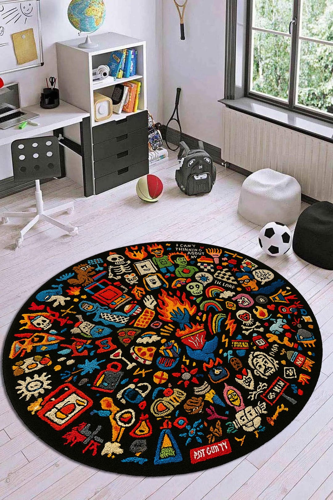 Colorful Doodle Round Rug,pop Art Abstract Carpet,modern Boho Digital ...