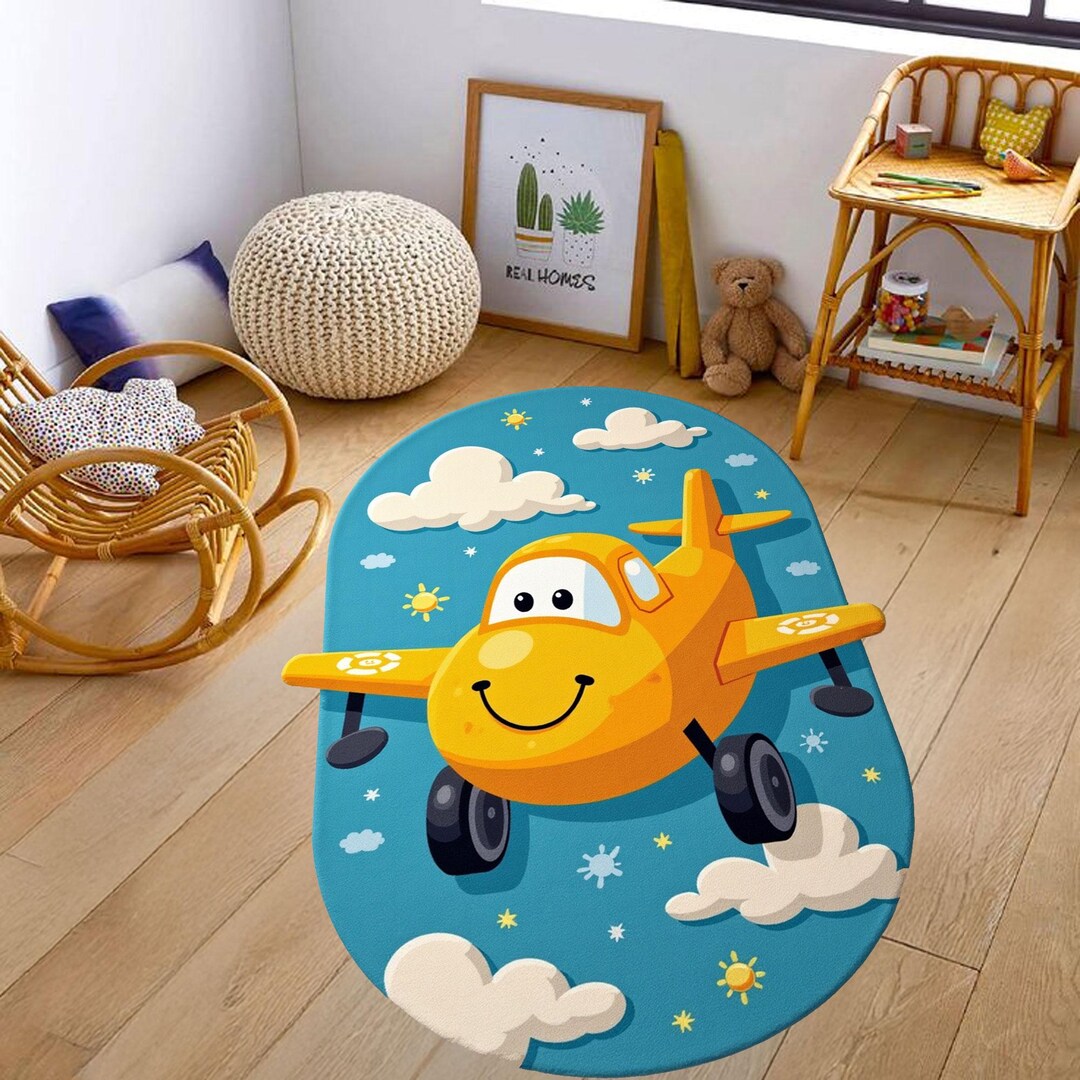 Cute Airplane Kids Rug, Cartoon Plane Nursery Carpet, Playroom Decor ...