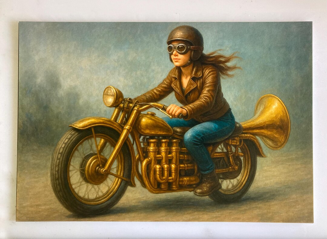 Girl on Vintage Trumpet Motorcycle Fine Art Print, Classic Motorcycle ...