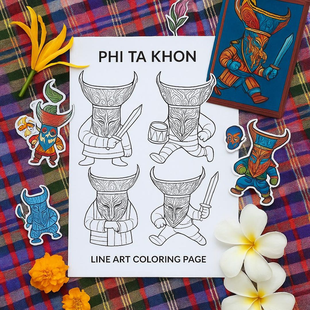 Phi Ta Khon Mask Coloring Pages – Thai Art, Printable Set (PDF & PNG ...