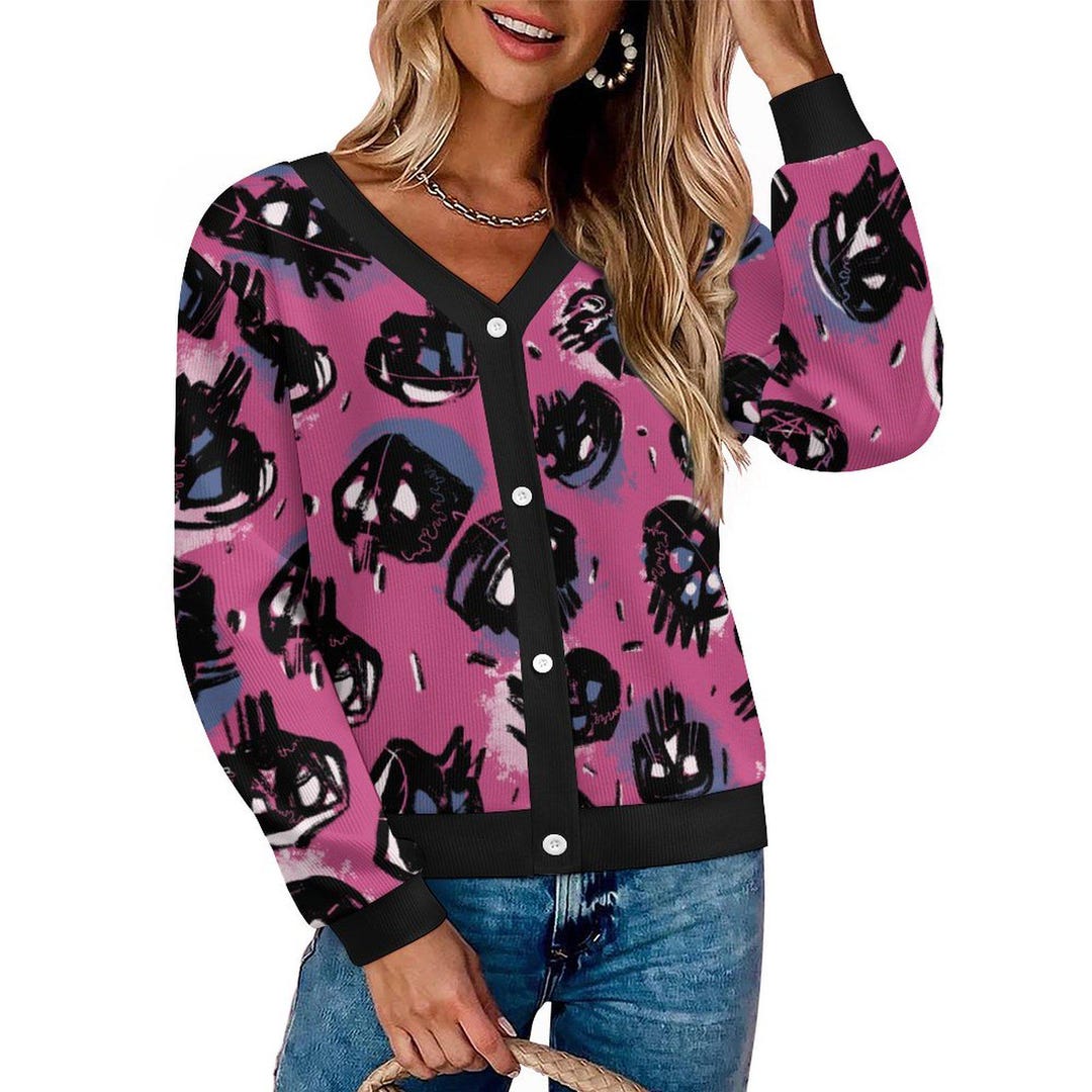 Pink Button-up Cardigan With Black Skull Pattern - Etsy