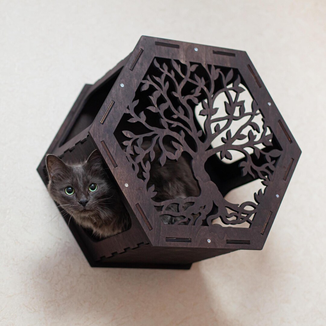 Modern Hexagon Cat Wall Shelf: Birch Plywood Furniture With Velour ...