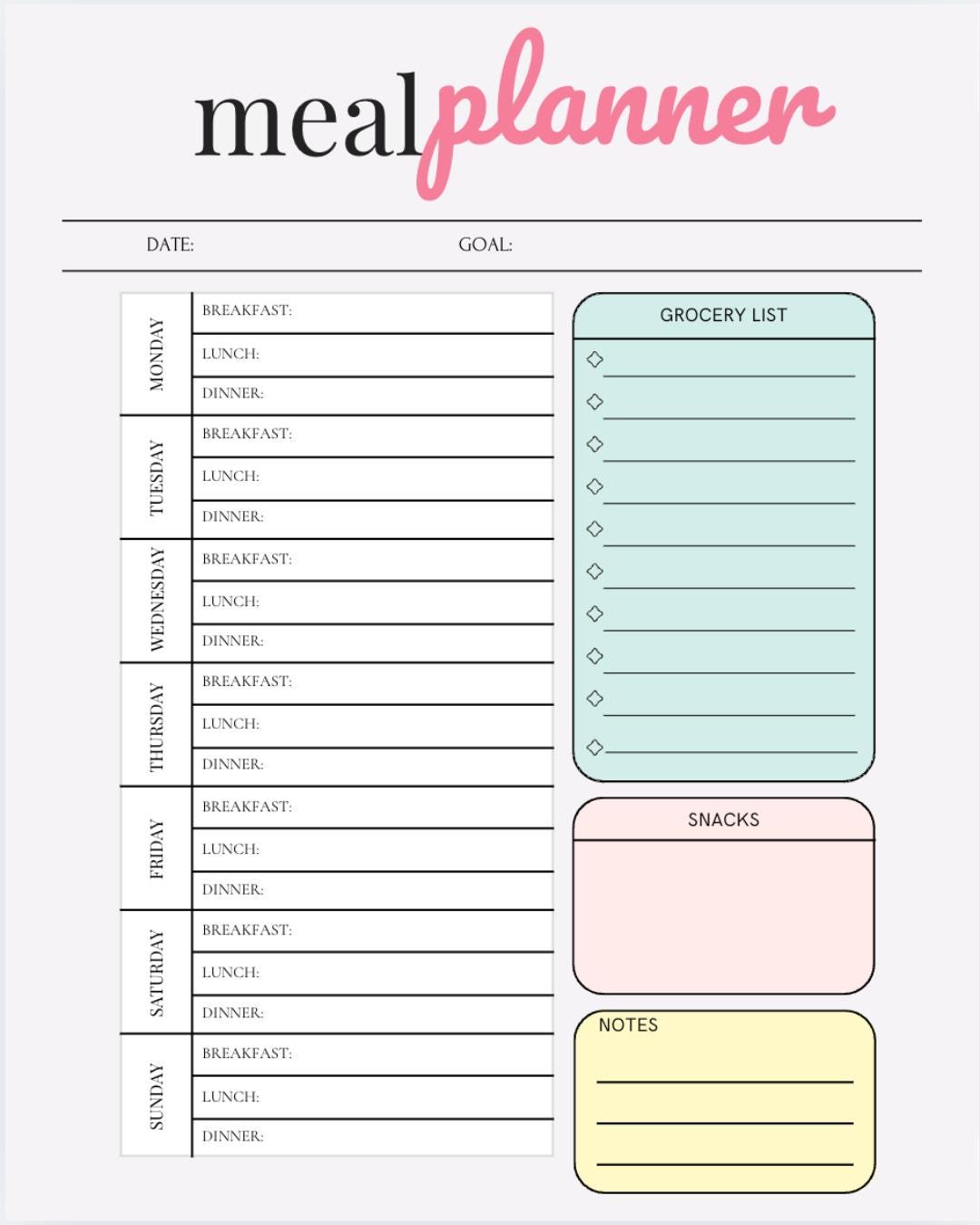 Minimalist Meal Planner Printable | Weekly Meal Prep Template With ...