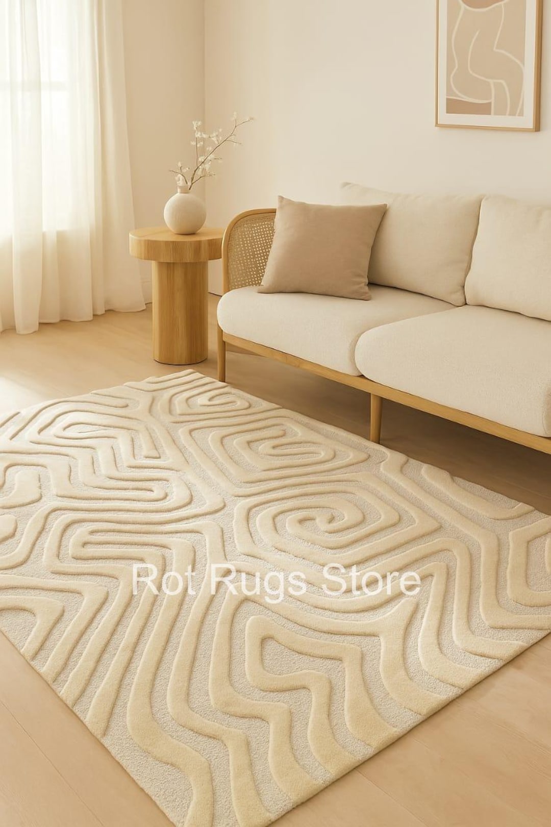Luxury Beige Japandi Wool Rug Handwoven 3D Carved Textured Carpet ...