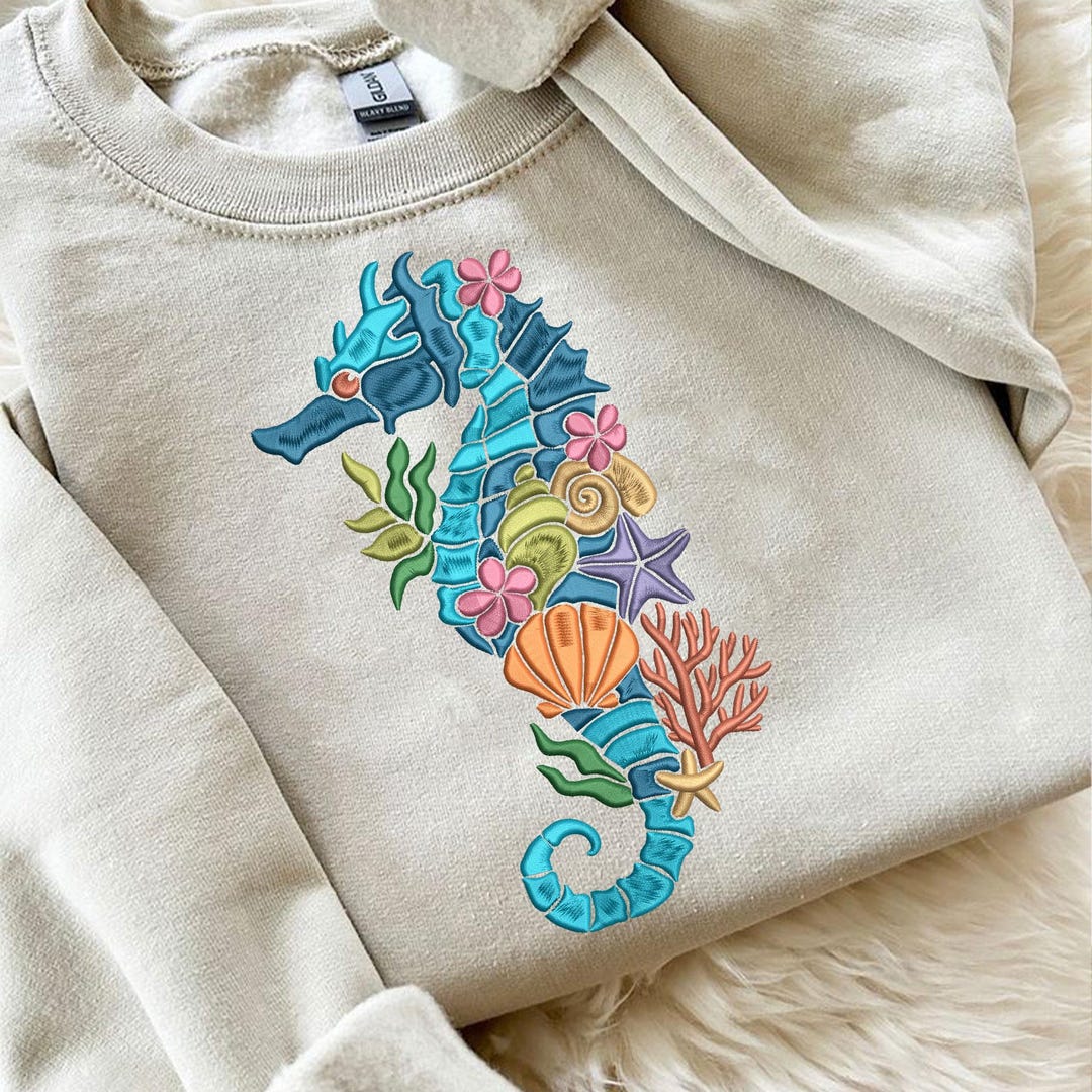 Floral Seahorse Embroidery Design, Ocean Animal Machine Embroidery File ...