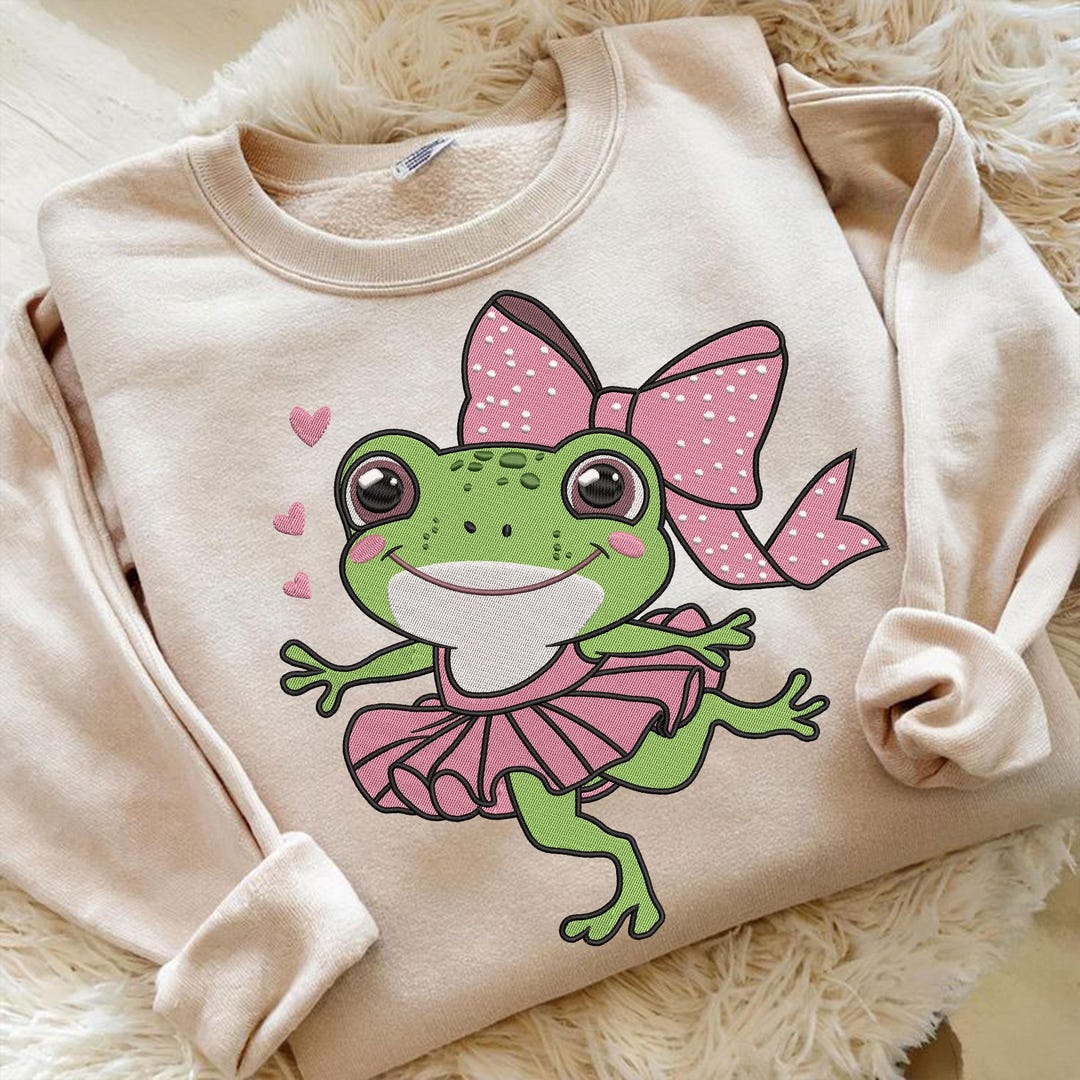 Ballet Frog Embroidery Design, Cute Frog With Pink Bow Machine ...