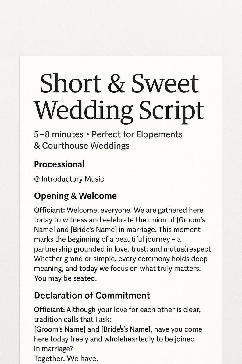 Elopement Wedding Ceremony Script Template: Short, Sweet Vows (PDF ...