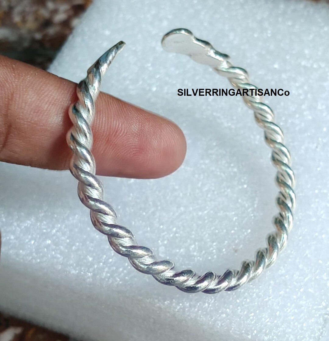 Handmade Solid Spring Silver Bangle: Two-mouth Design, Hammered Boho ...