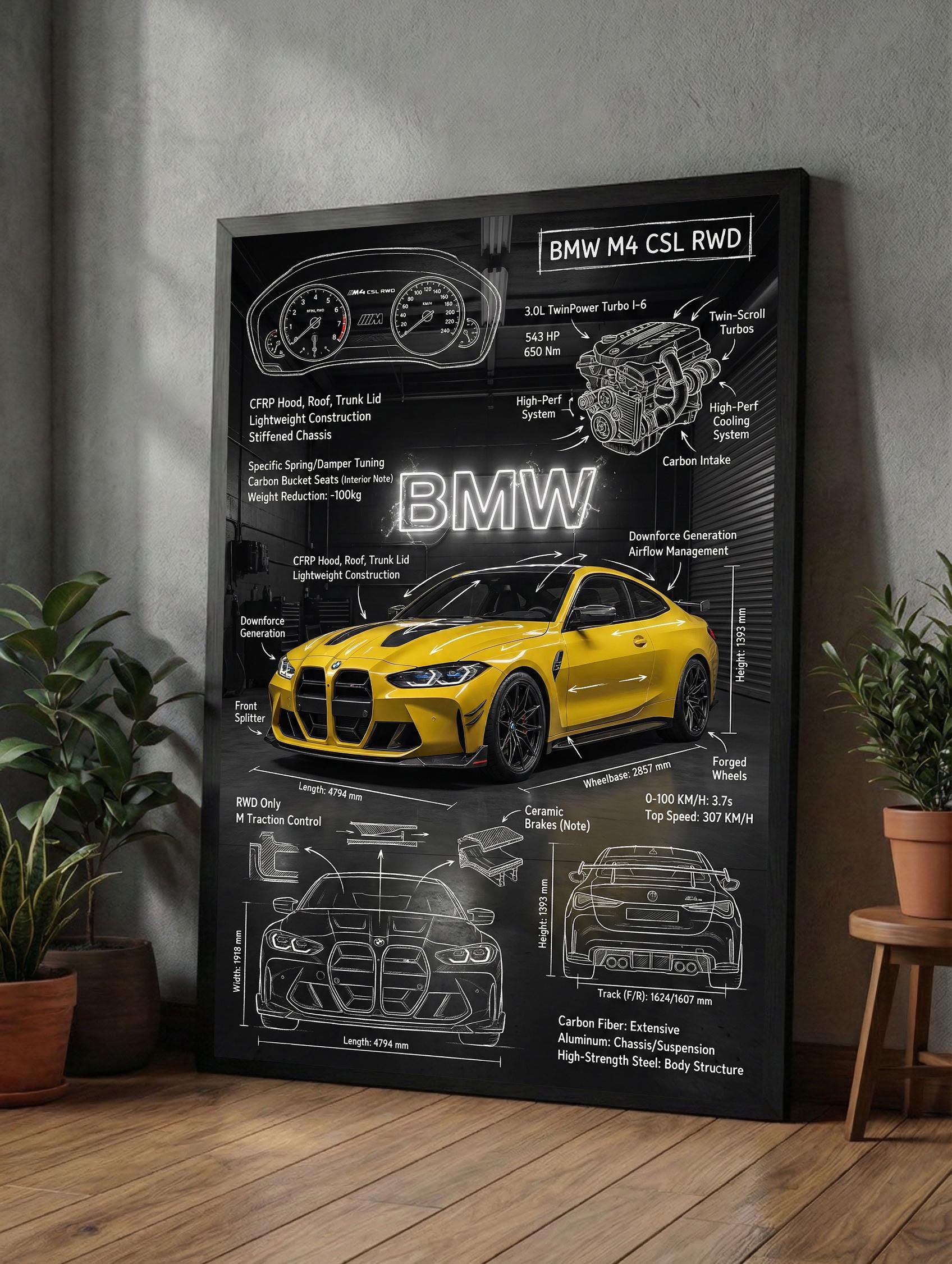 BMW M4 CSL RWD Blueprint Poster, Automotive Wall Art (digital Download ...