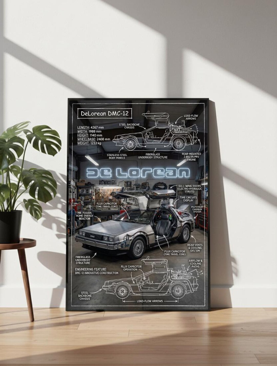 Delorean DMC-12 Poster, Delorean Blueprint Poster, Vintage Car ...