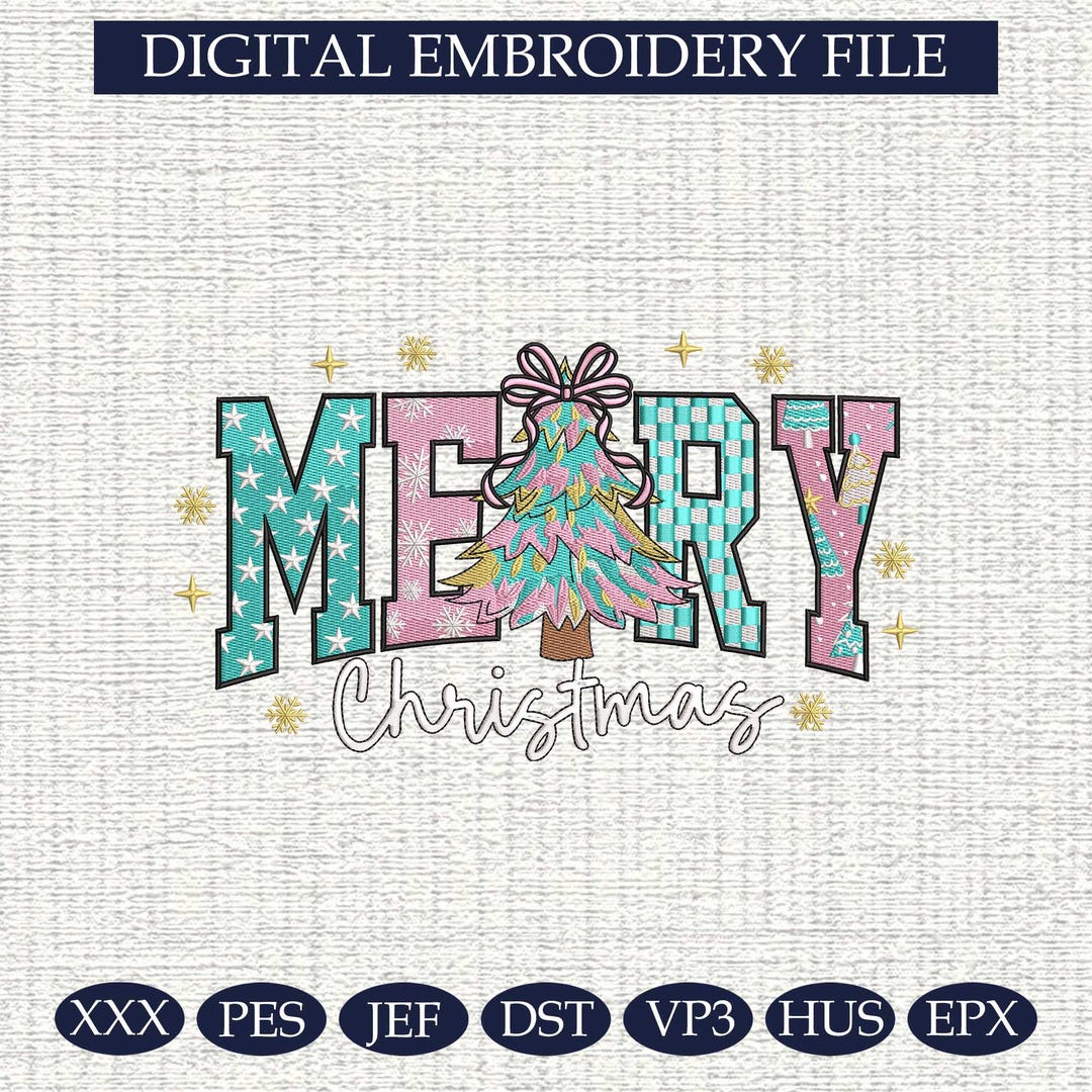 Merry Christmas Tree Embroidery Design, Festive Word Art (digital ...