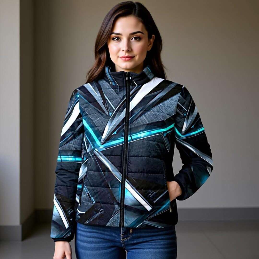 Quilted Geometric Padded Jacket: Neon Blue Techwear Coat - Etsy