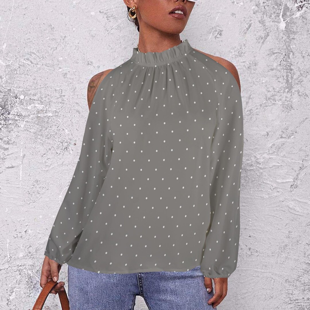 Grey Polka Dot Blouse Long Sleeve, off Shoulder Band Collar Womens Top ...