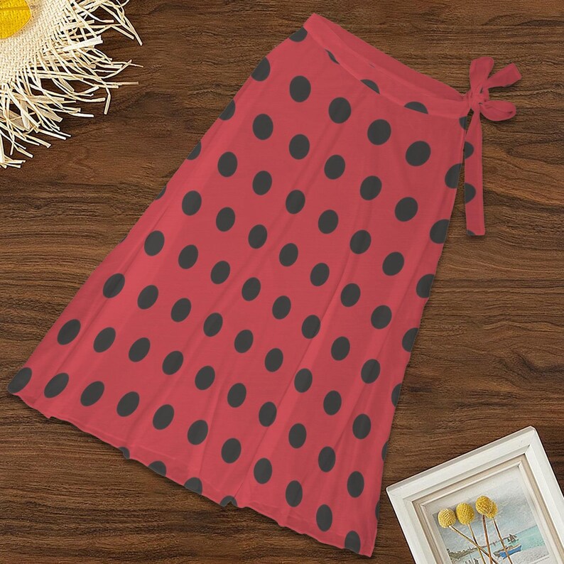 Red Polka Dot Beach Cover up Skirt, Long Wrap Skirt With Side Slit for ...