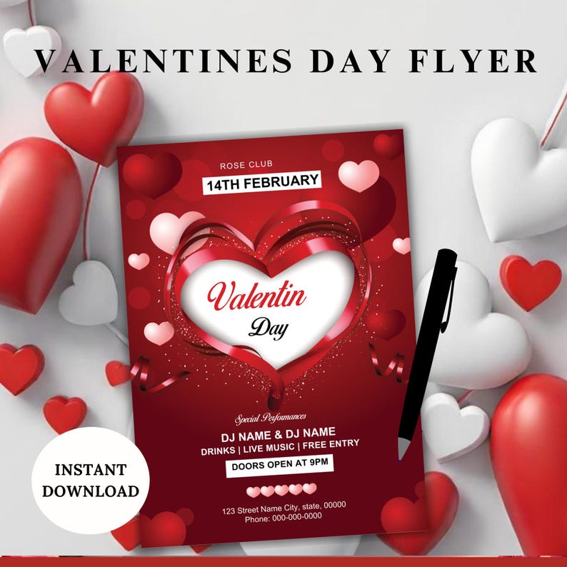 Romantic Valentine's Day Event Flyer | Editable Pink Design (digital ...