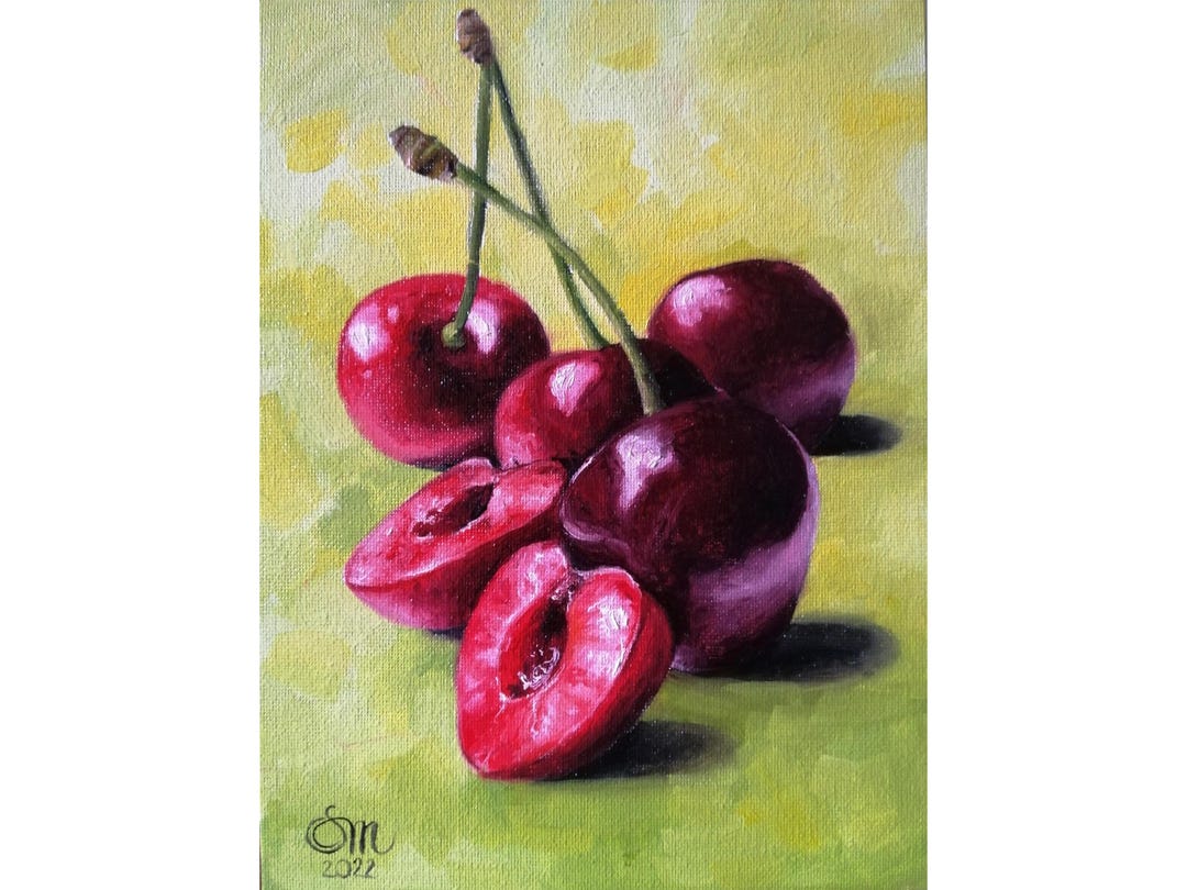Cherry Original Still Life Painting Food Oil Art for Kitchen Small ...