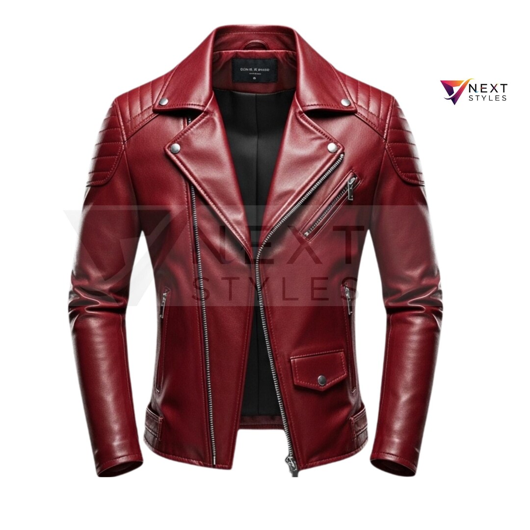 Men's Red Leather Biker Jacket: Classic Rider Style - Etsy