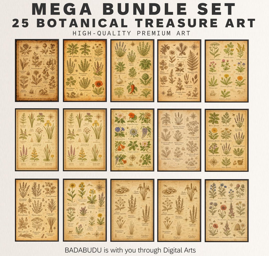 25 Botanical Treasure Map Wall Art Prints Bundle – Vintage Plant ...