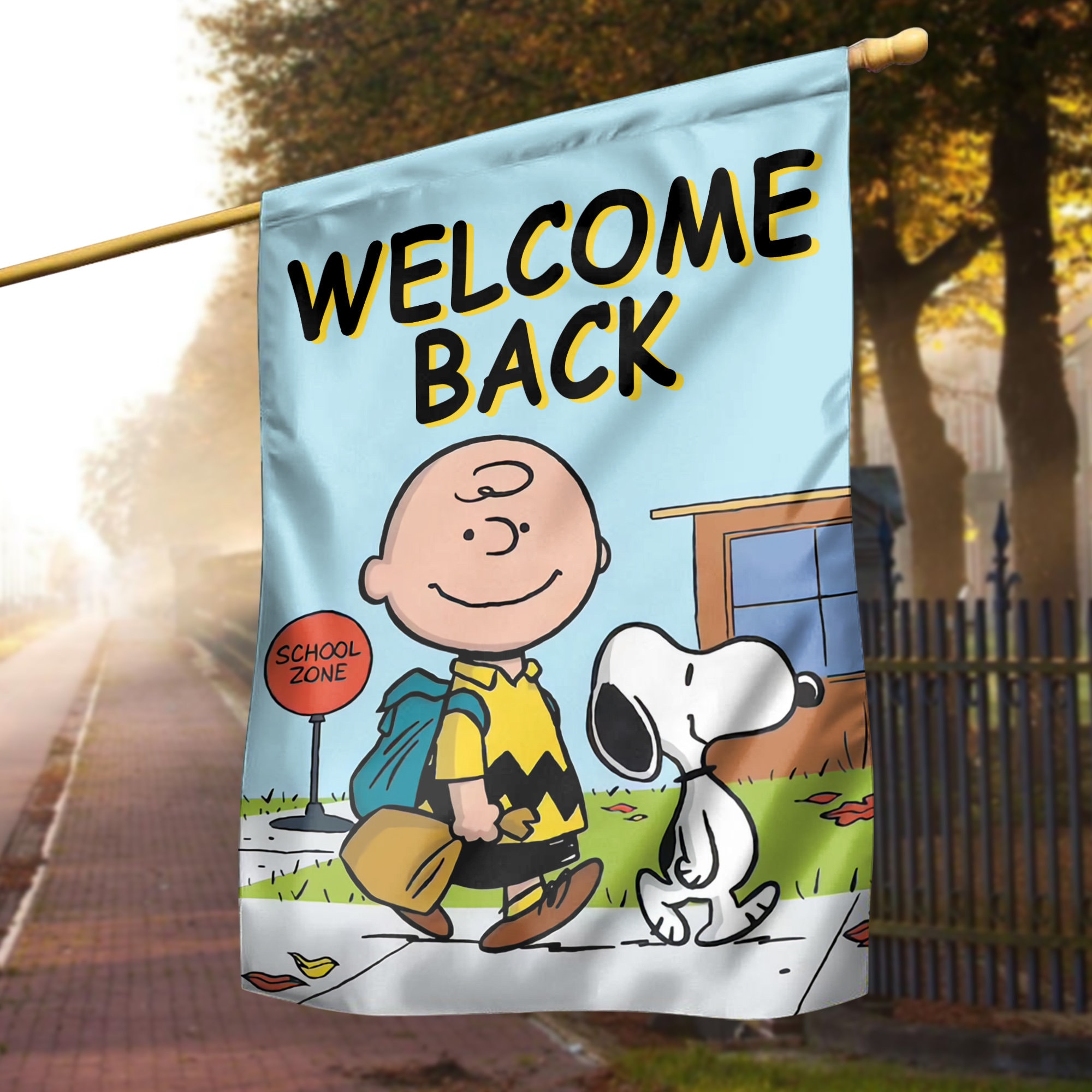 School Zone Charlie Brown And Snoopy Welcome Back Garden Flag