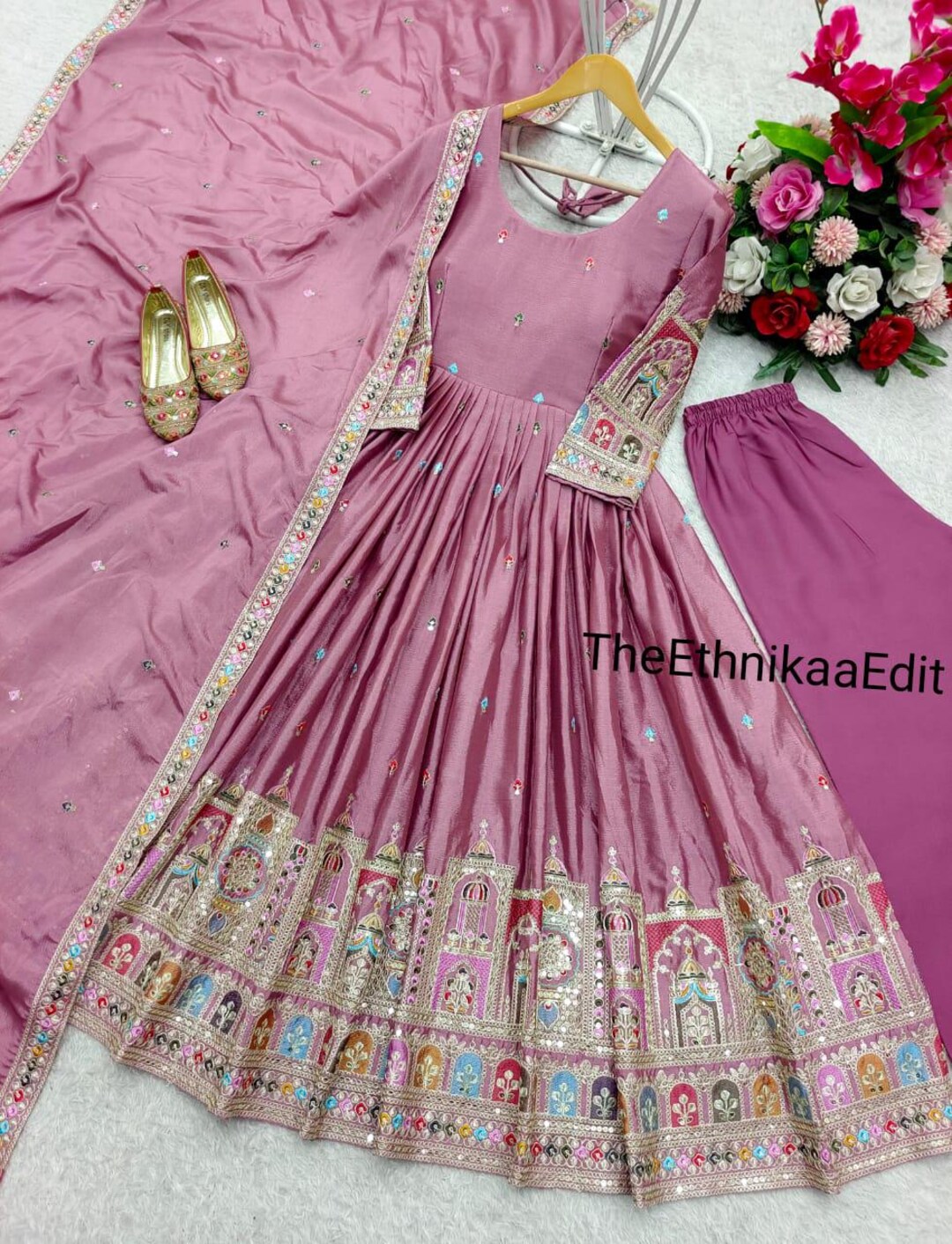 Embroidered Cinon Silk Anarkali Gown: Indian Party Wear Suit - Etsy