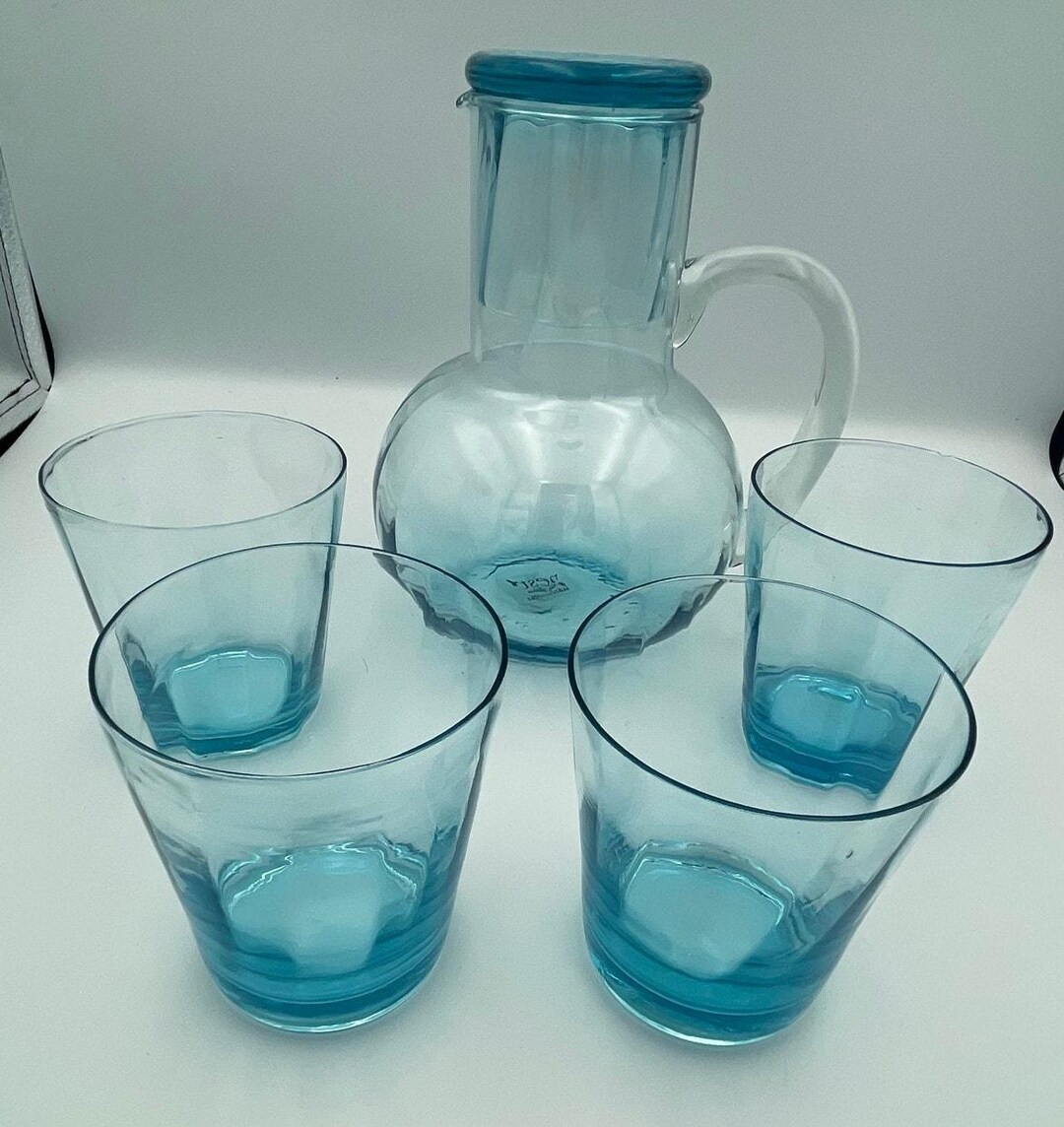 NEST Blue Glass Carafe W/ 4 Drinking Glasses & Lid Vintage Artsy ...
