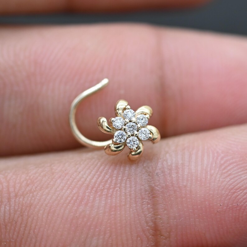 14K Solid Gold Diamond Nose Pin, Natural Diamond Floral Nose Ring, 7 ...