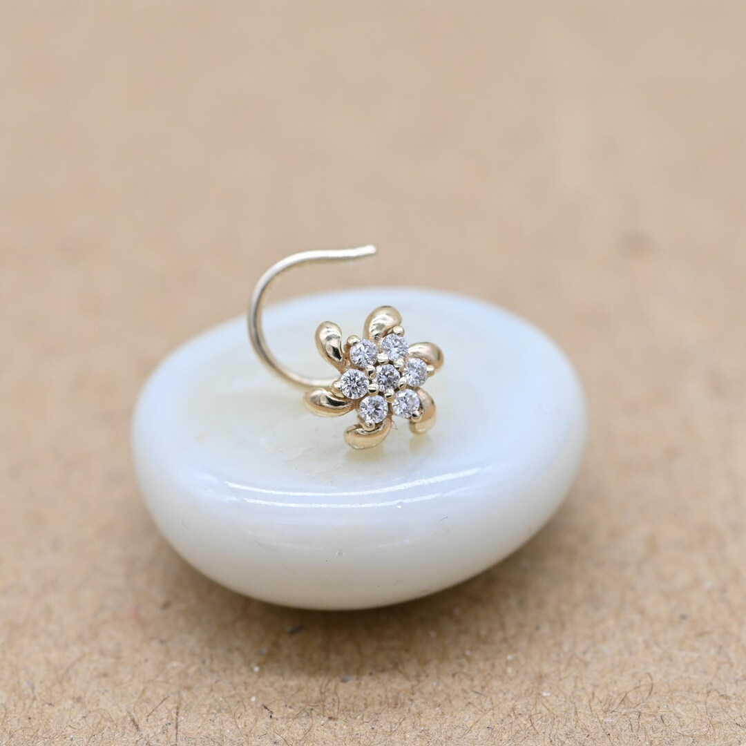 14K Solid Gold Diamond Nose Pin, Natural Diamond Floral Nose Ring, 7 ...