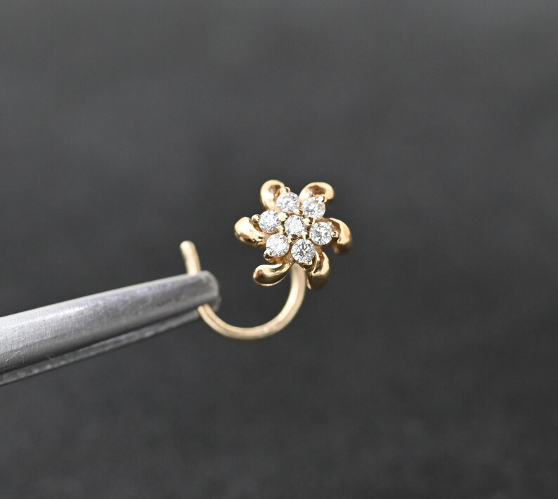14K Solid Gold Diamond Nose Pin, Natural Diamond Floral Nose Ring, 7 ...