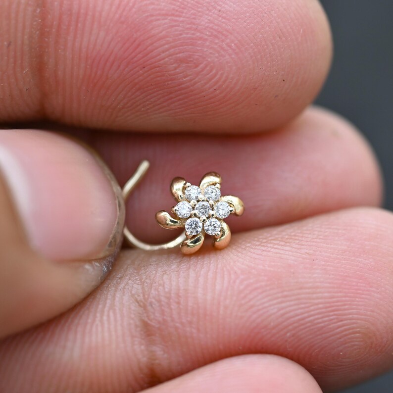 14K Solid Gold Diamond Nose Pin, Natural Diamond Floral Nose Ring, 7 ...