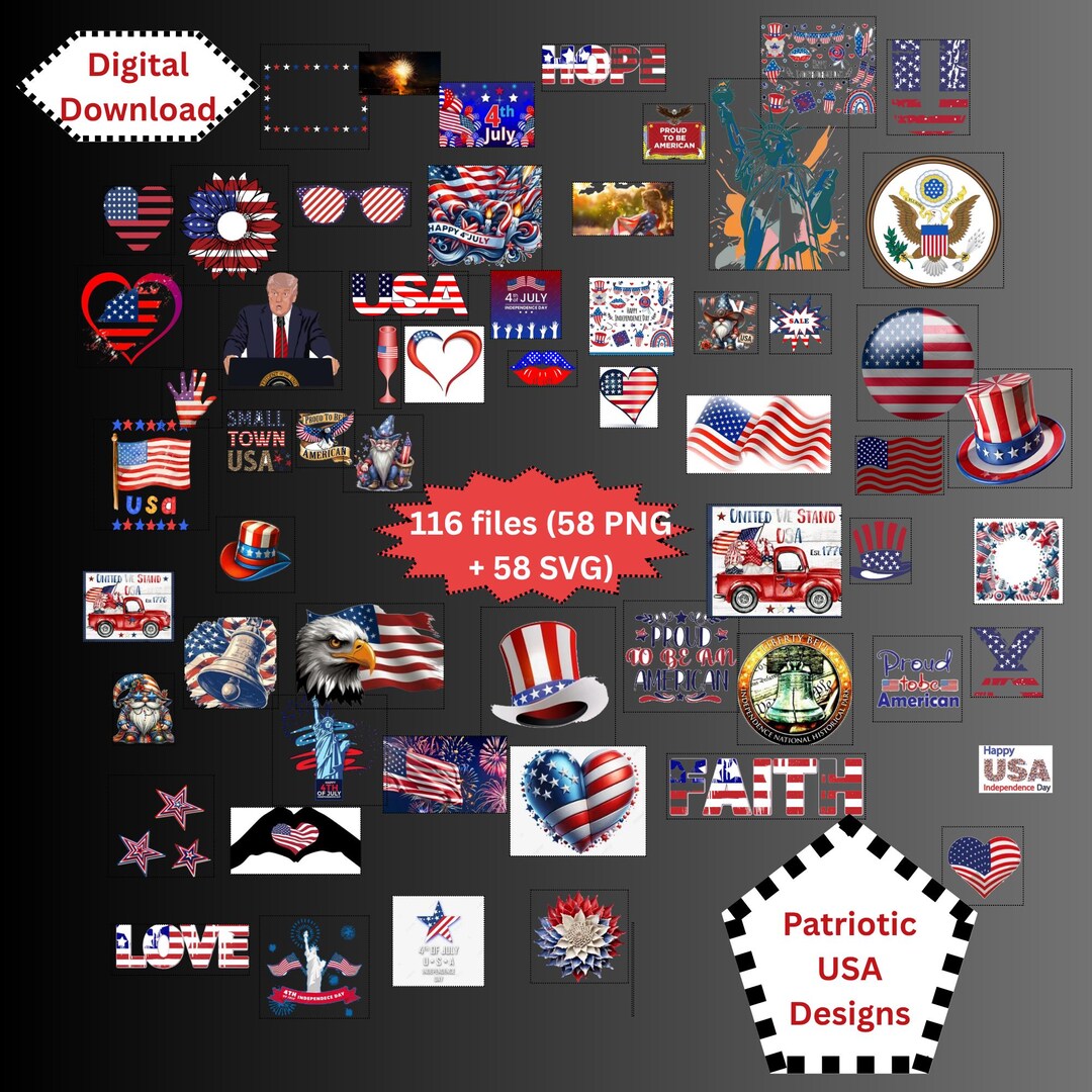 Patriotic Clipart Mega Bundle: USA Flag PNG SVG Designs (digital ...