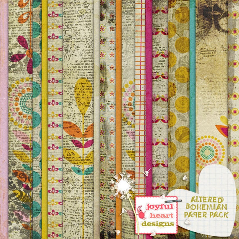 Altered Bohemian 12x12 Digital Scrapbooking Papers, Printable, Instant ...