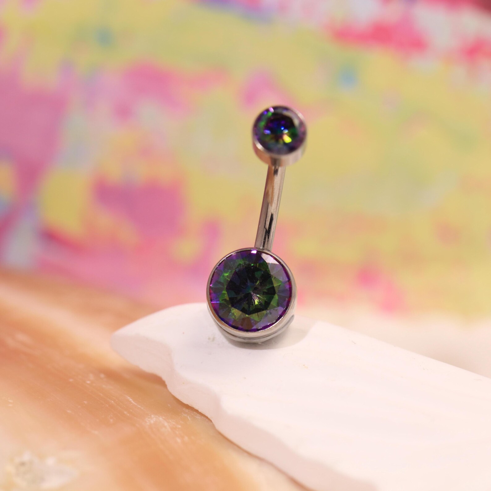 Round Shape Shiny Cz Multicolor Belly Button Ring 14G Internally ...