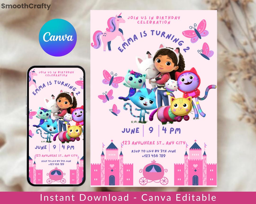 Gabbys Dollhouse Birthday Invitation Template Digital Editable Gabby ...